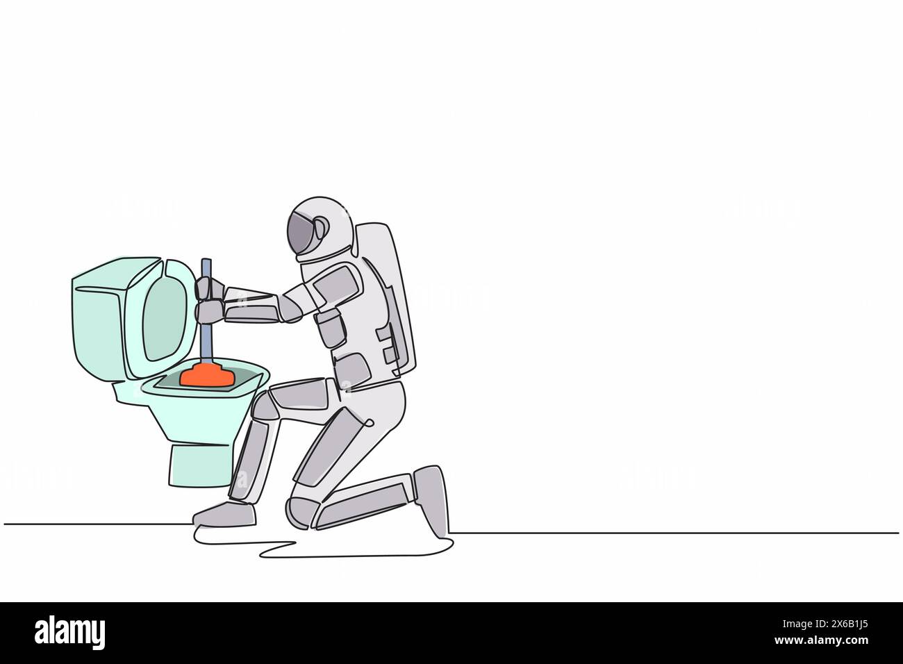 Single continuous line drawing young astronaut fix plumbing toilet ...
