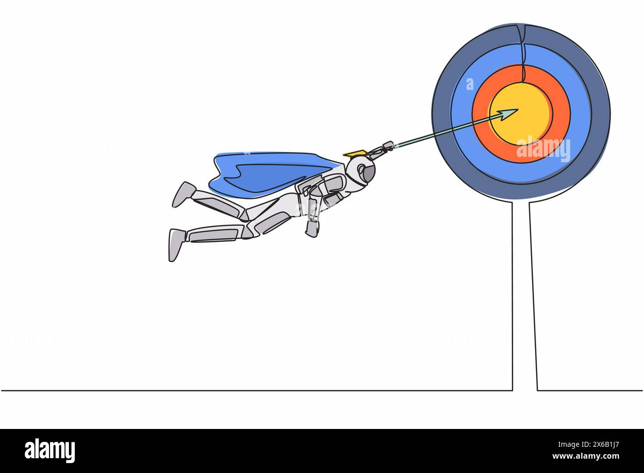 Single one line drawing super astronaut flying with arrow forward to ...