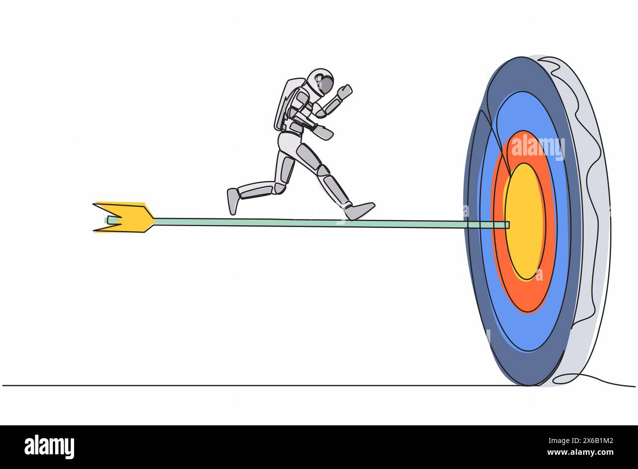Single one line drawing of young astronaut run to center of bullseye on ...