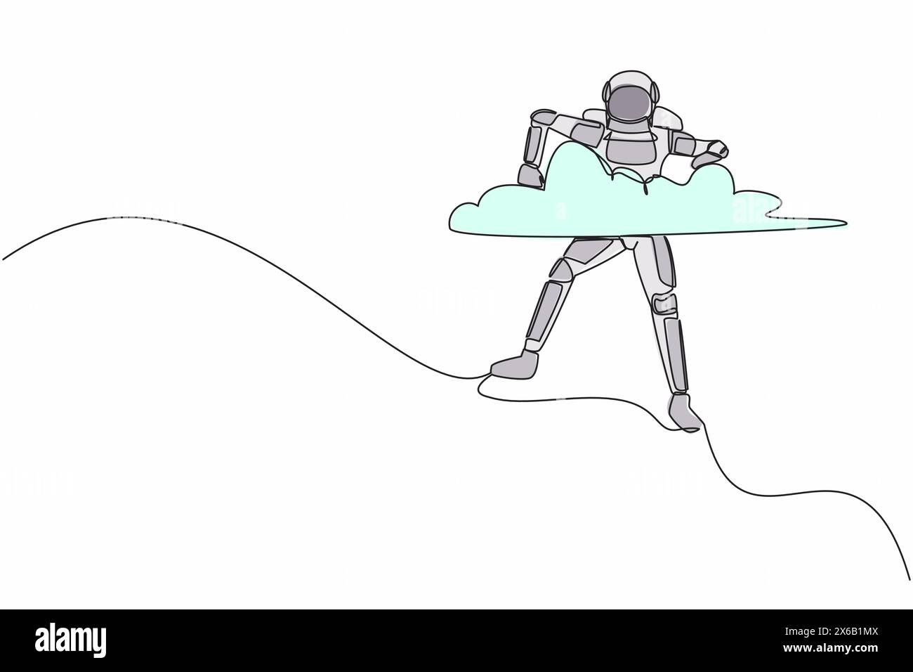 Single continuous line drawing young astronaut hang in clouds. Hoping ...