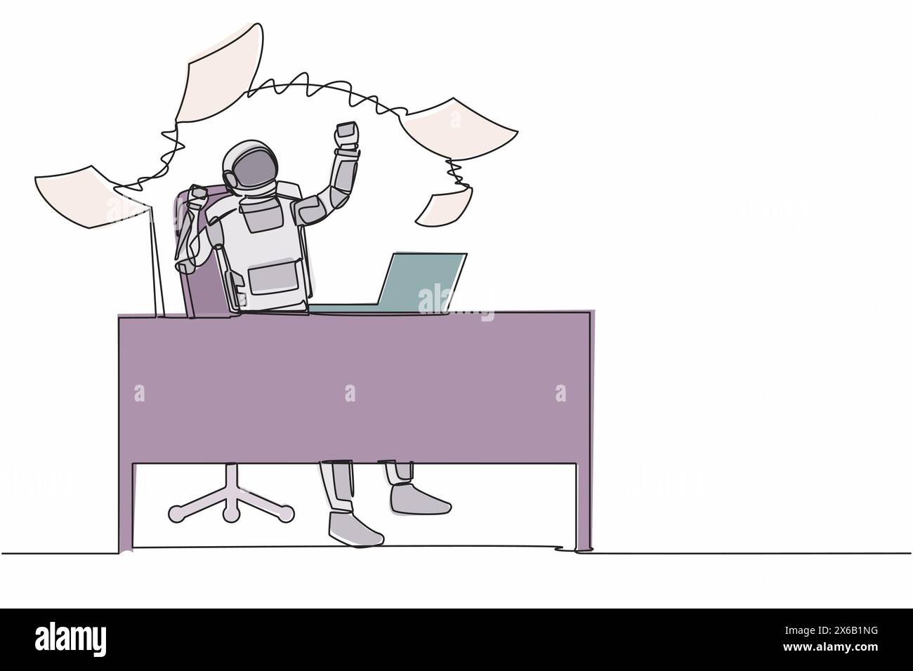 Single one line drawing happy astronaut throwing paper documents in air ...