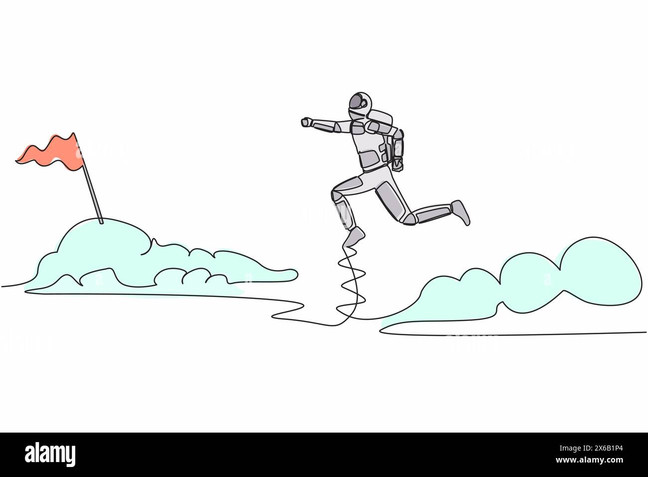 Single one line drawing astronaut jump over clouds to reach success ...