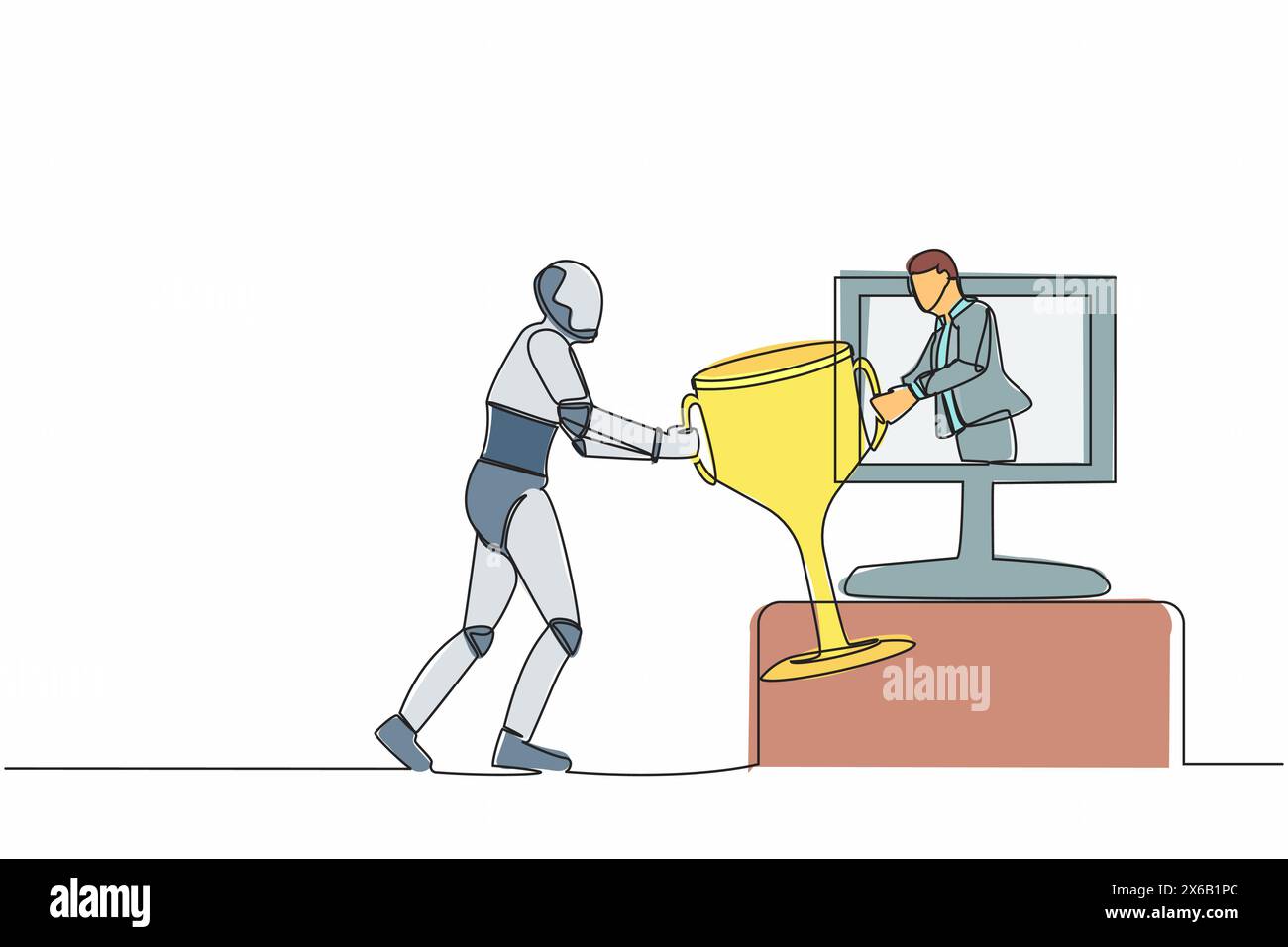 Single one line drawing of robot get trophy from person on computer ...