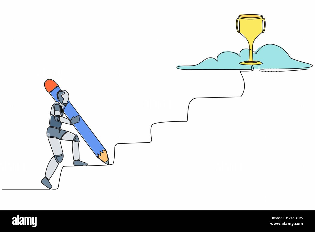 Single continuous line drawing of robot using huge pencil to draw stairs and walk climbing up to ...