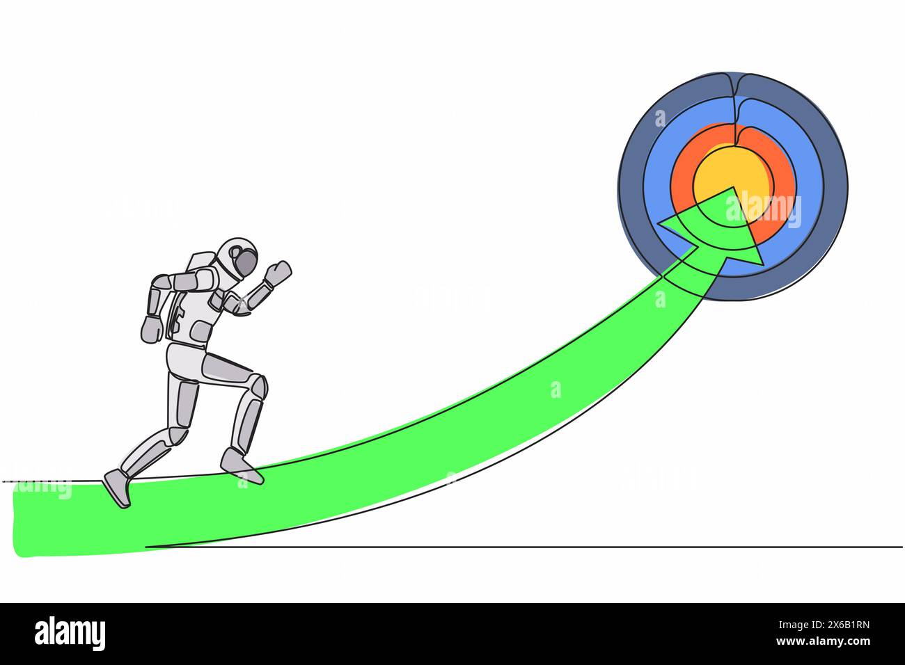 Single one line drawing astronaut running on arrow to center of target ...