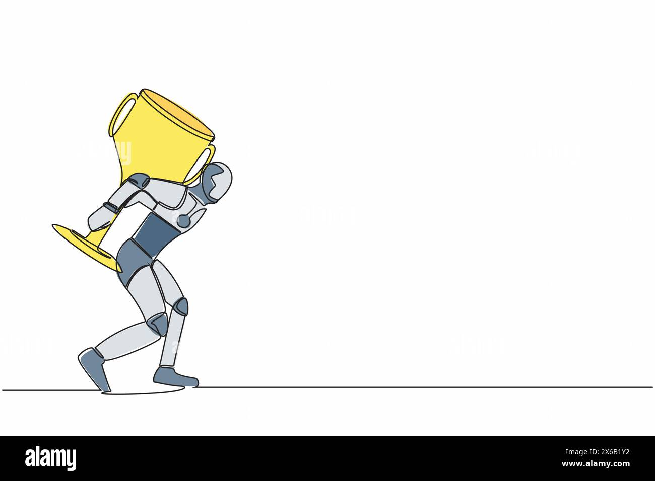 Single continuous line drawing robot carrying huge golden trophy on ... Single continuous line drawing robot carrying huge golden trophy on ...