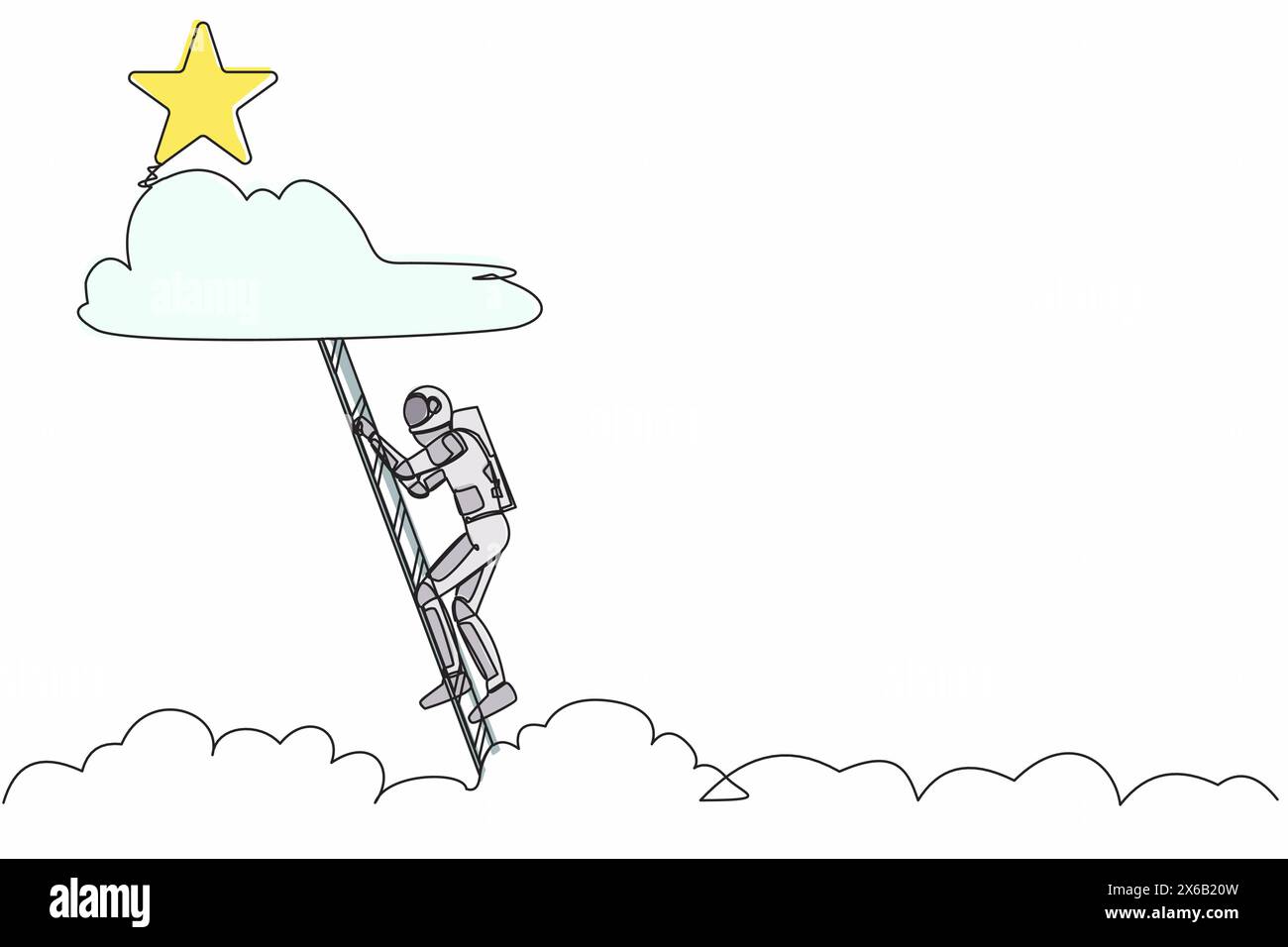 Single continuous line drawing young astronaut climbing ladder to reach ...