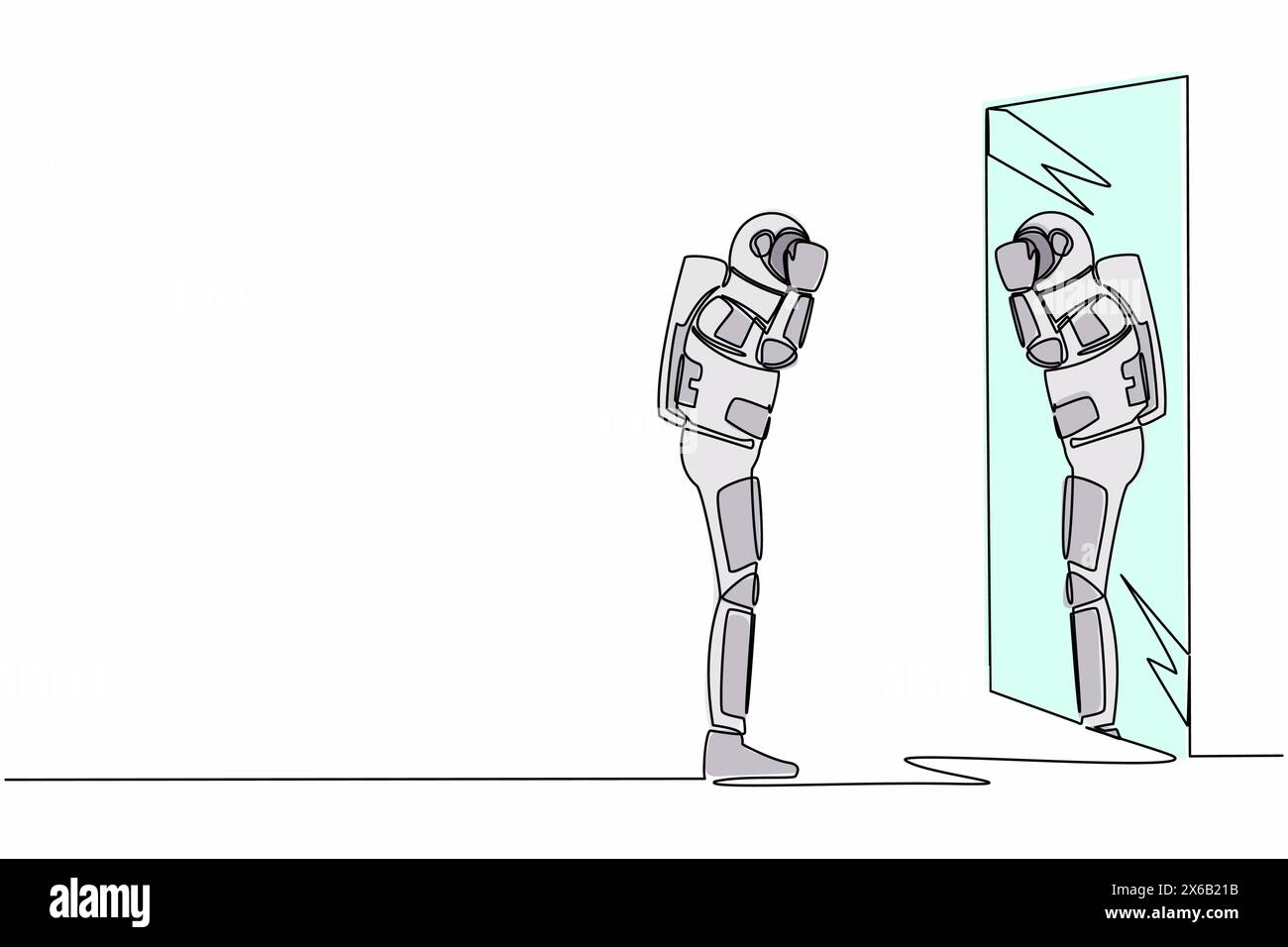 Single one line drawing young astronaut holding his face on reflection ...