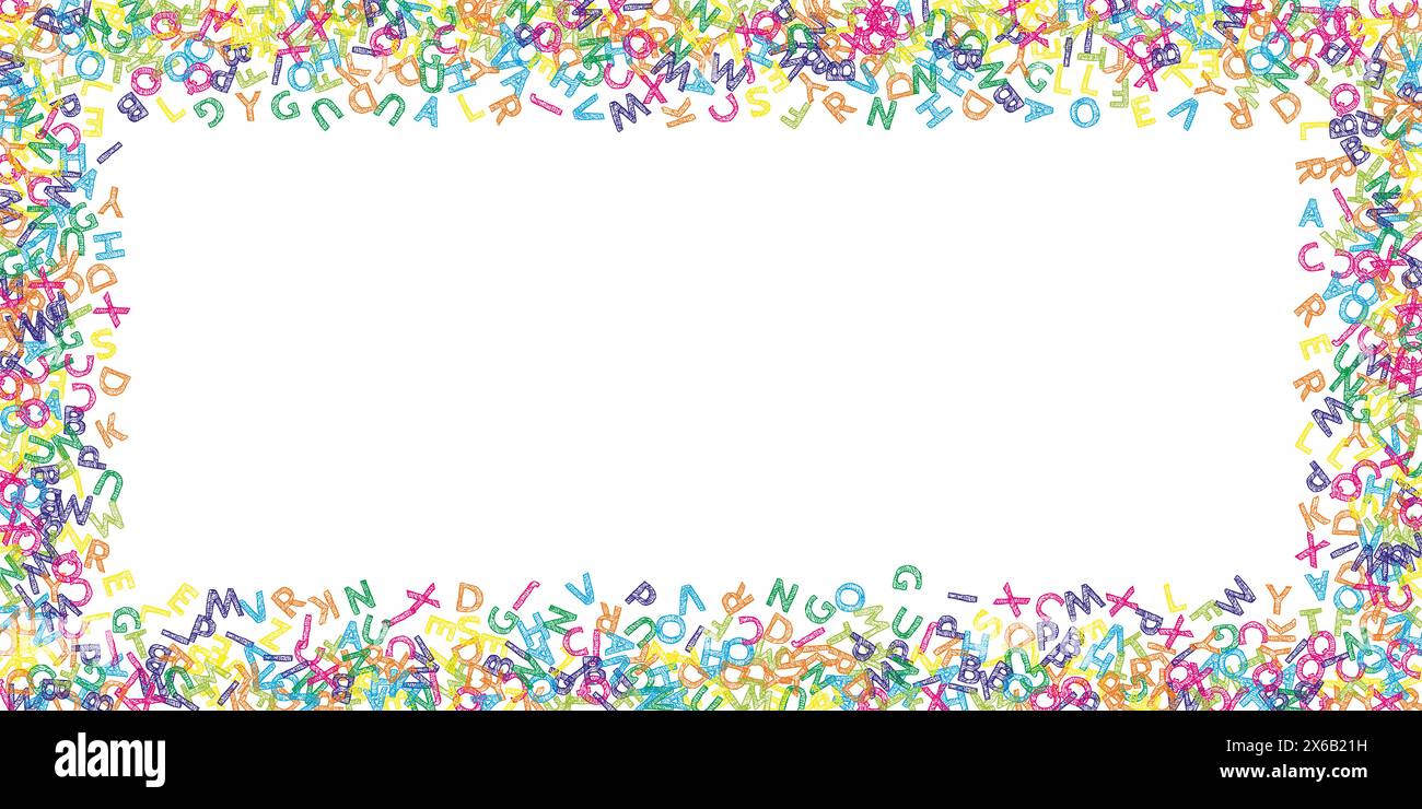 School notebook cover. Colorful childish floating letters of Latin ...