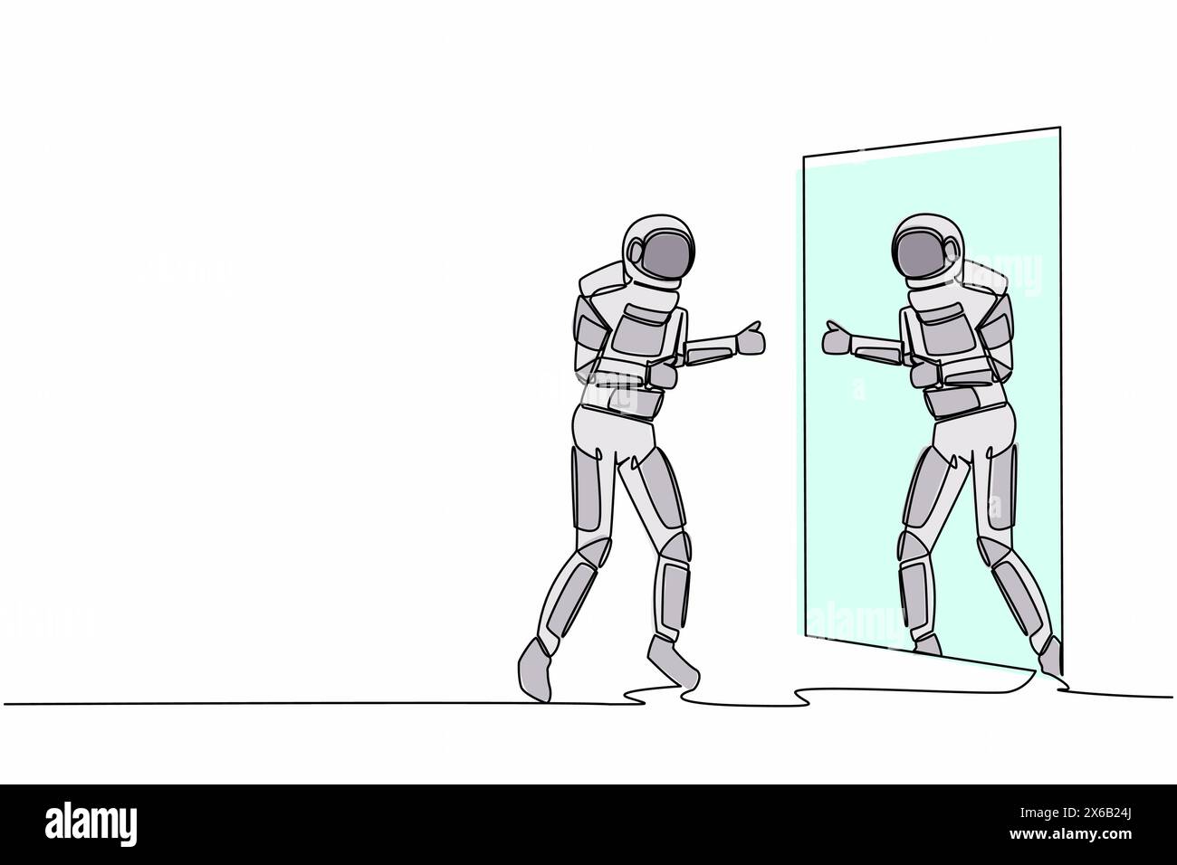 Continuous one line drawing astronaut looks his reflection in mirror ...