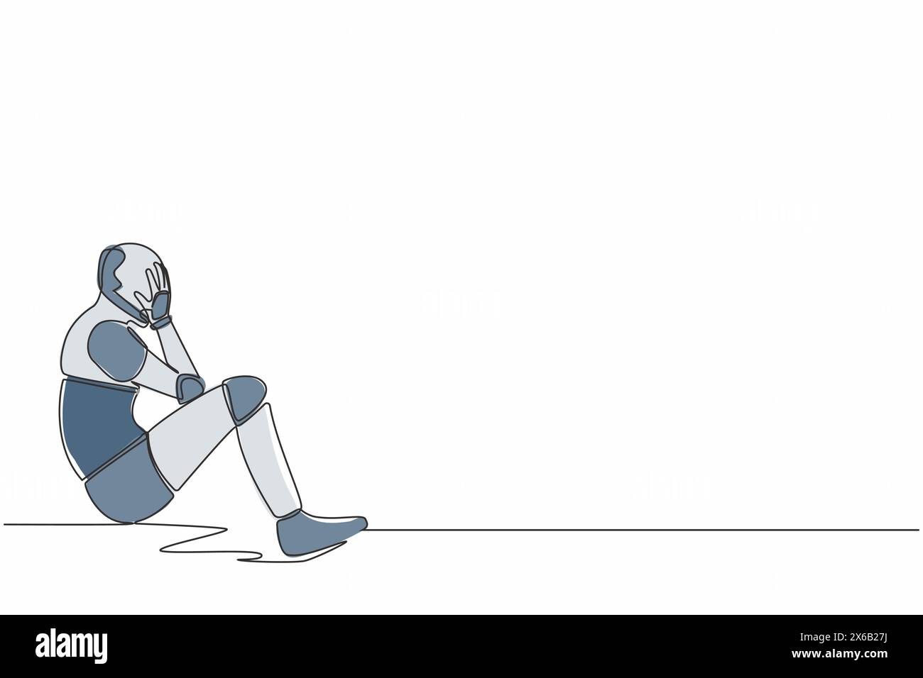 Continuous one line drawing robot cover his face, feeling sad and ...