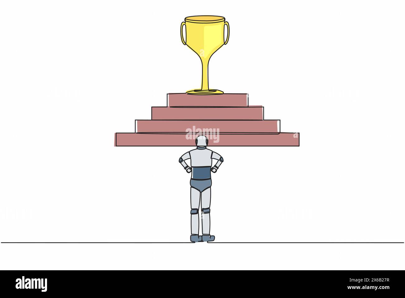 Continuous one line drawing robot standing in front of staircase with ...