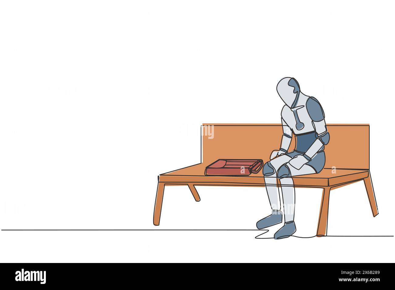 Single continuous line drawing robot sit at bench alone. Suffering from ...