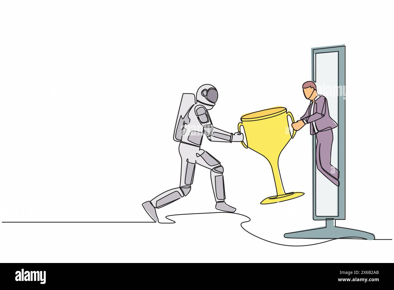 Single continuous line drawing male giving trophy to astronaut from ...