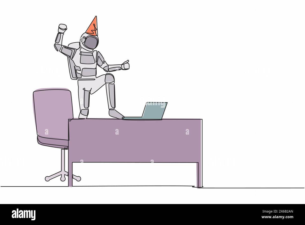 Continuous one line drawing astronaut stands in office desk with hand ... Continuous one line drawing astronaut stands in office desk with hand ...
