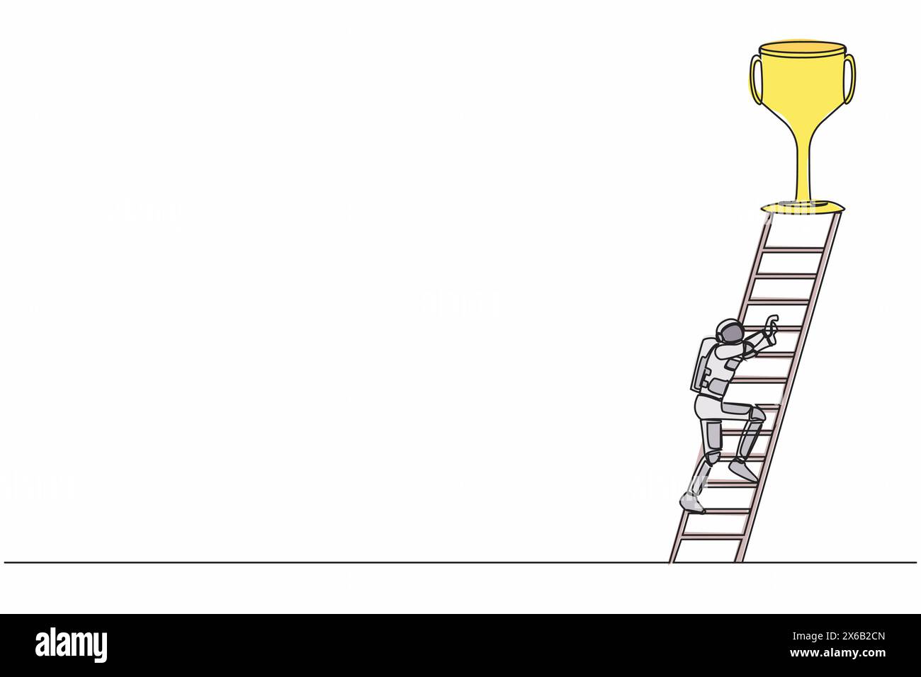 Single one line drawing young astronaut climb ladder to get trophy ...