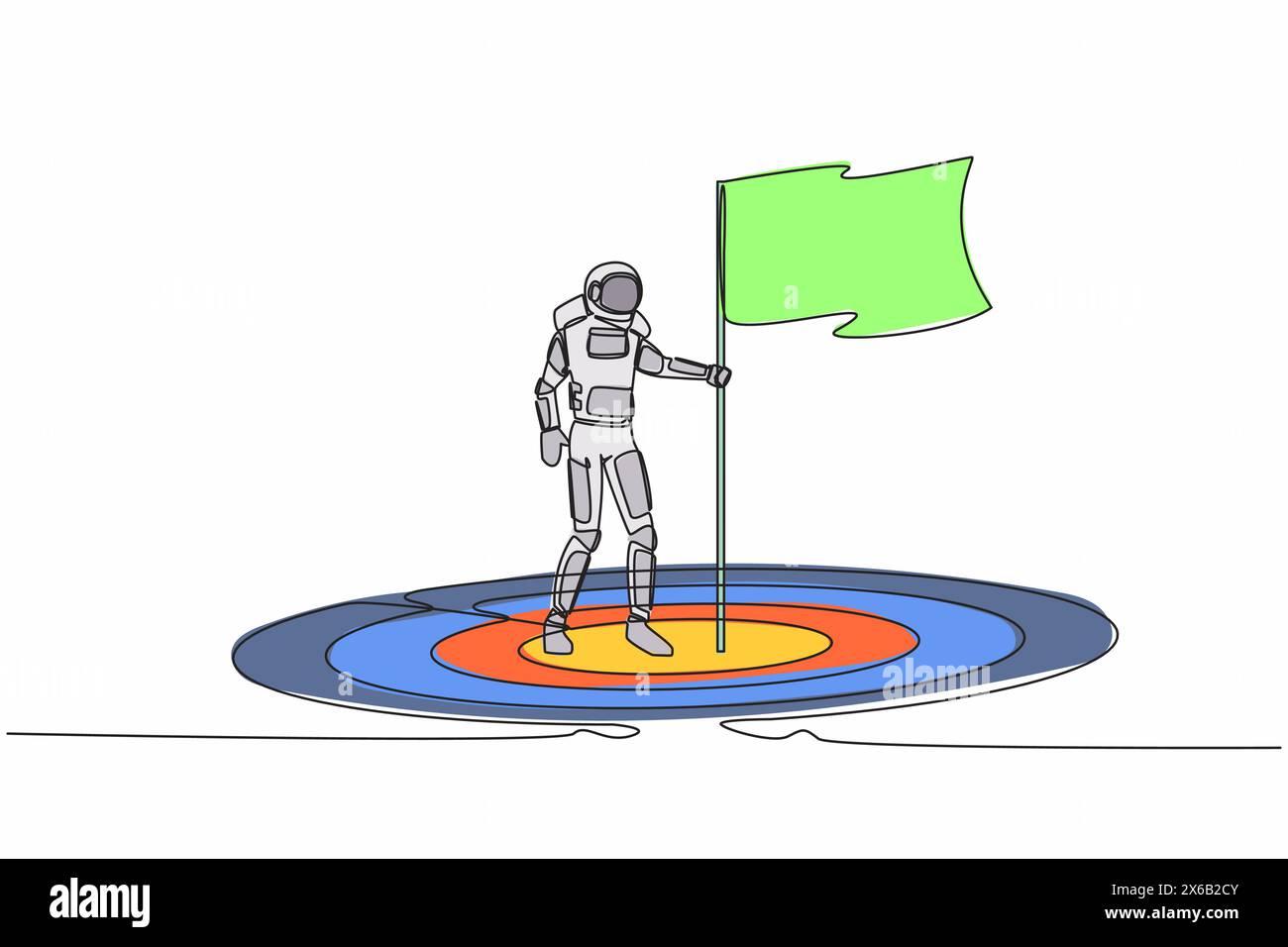 Single continuous line drawing astronaut plant flag in center of target ...