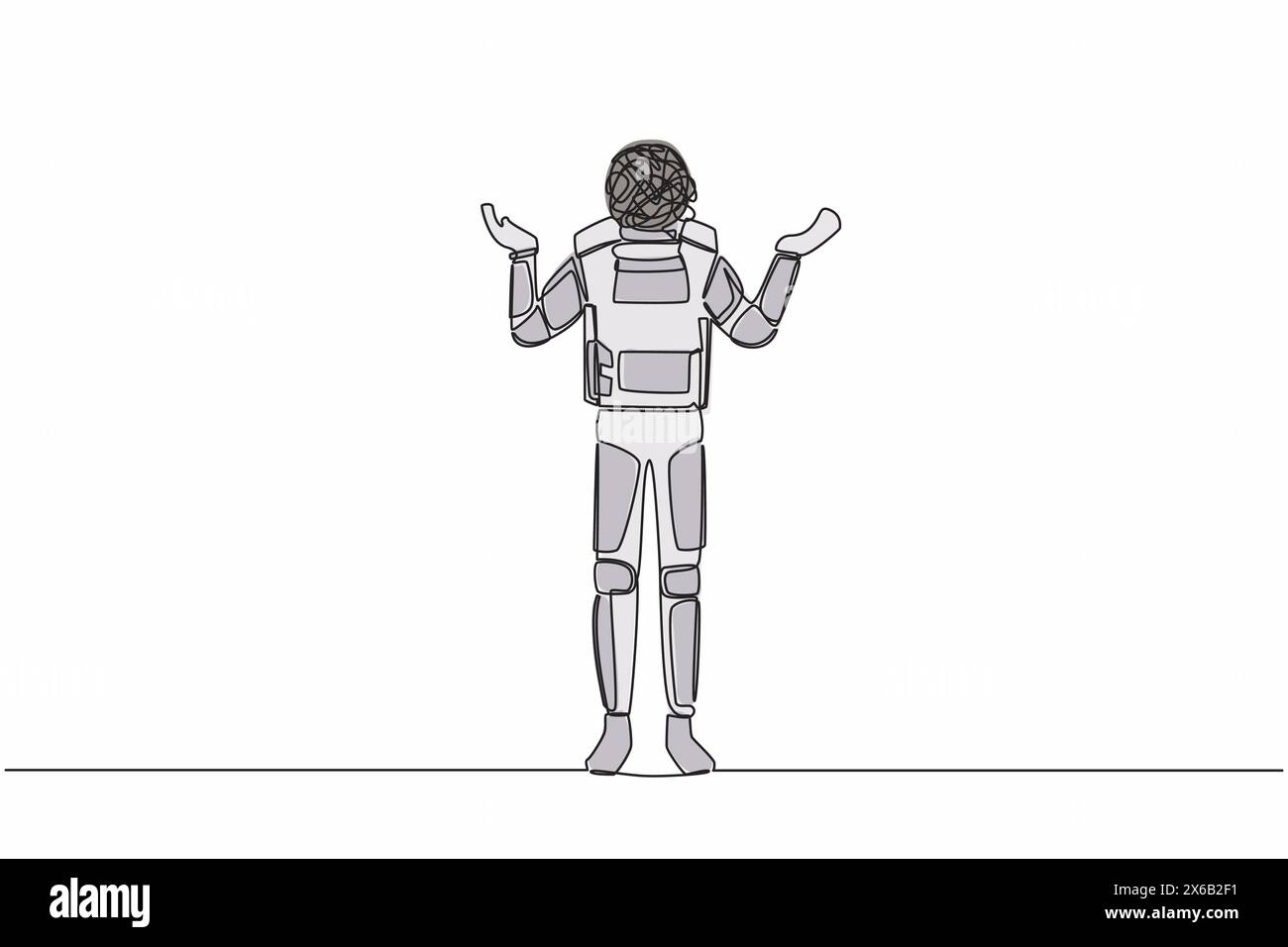Single continuous line drawing of young astronaut with round scribble ...