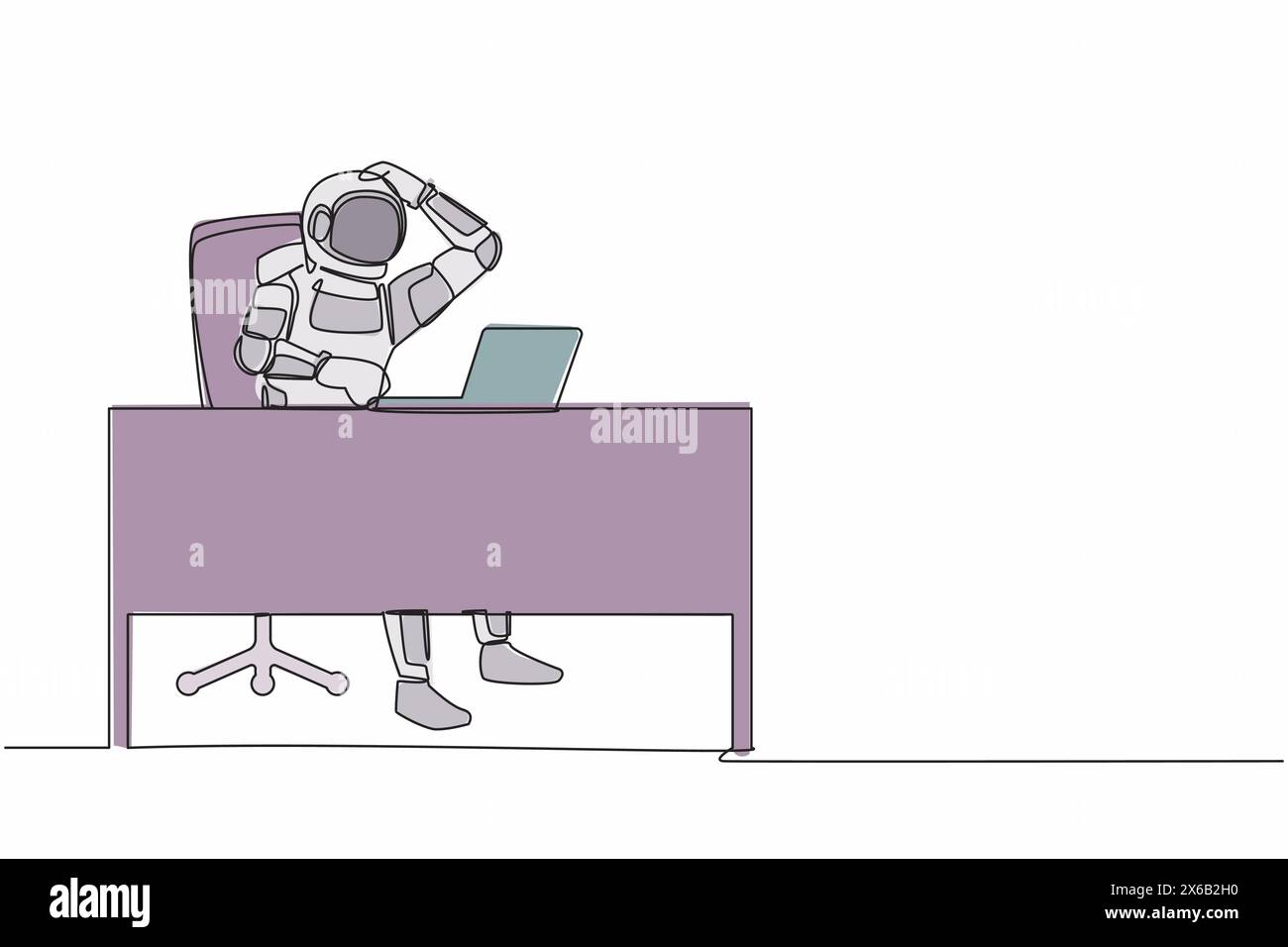 Single one line drawing confused young astronaut working on computer ...