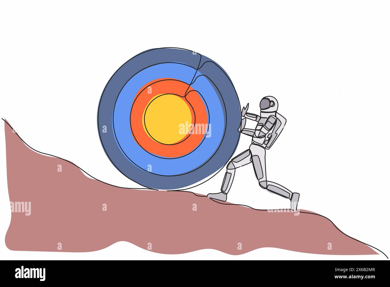 Single continuous line drawing astronaut pushing big target to mountain ...
