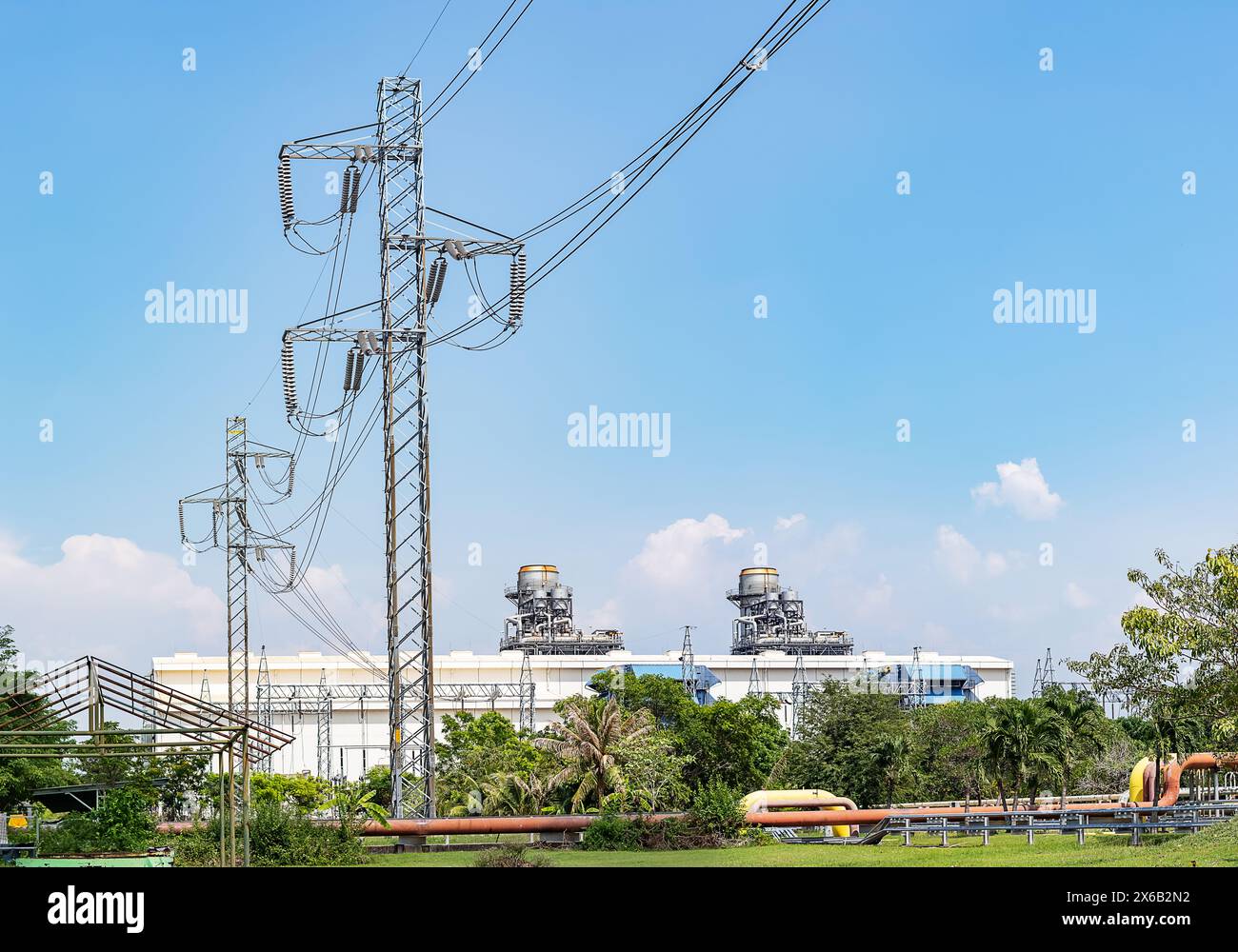 High-voltage power poles from the power plant rice fields to the ...