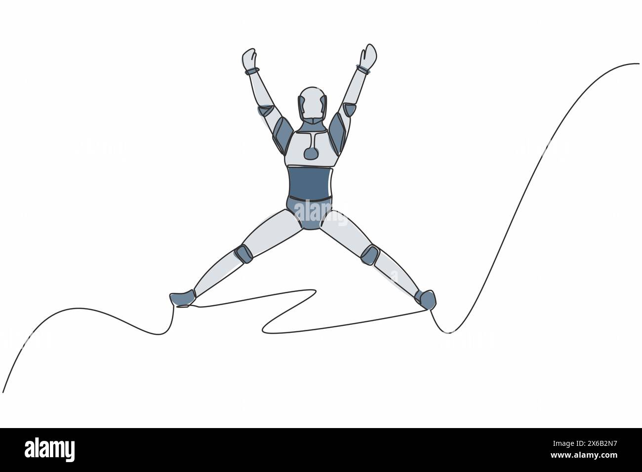 Single one line drawing happy robot jumping with raised his arms and ...
