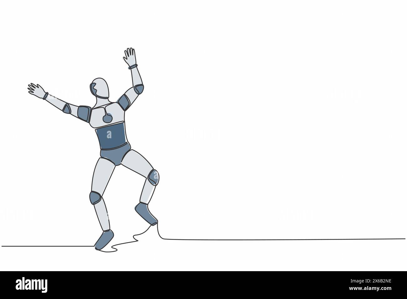 Continuous one line drawing happy robot jump with both hands raised ...