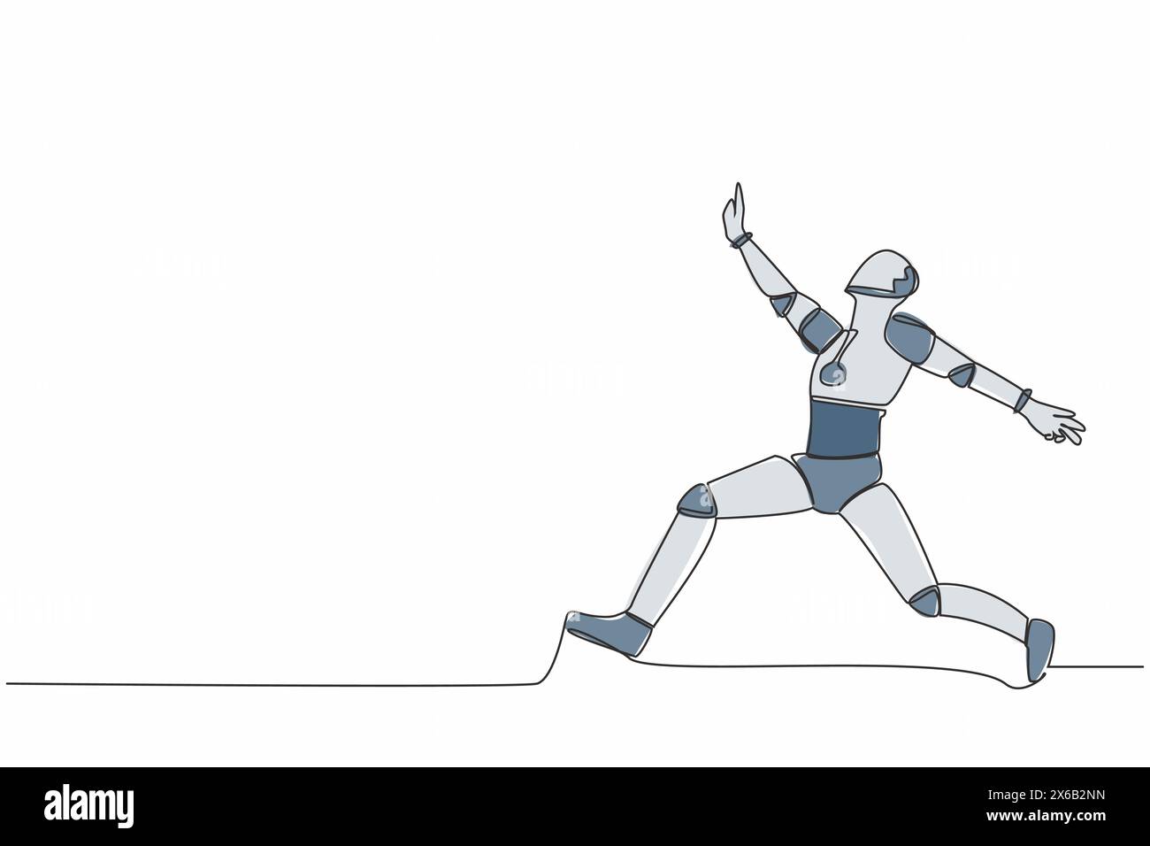 Single one line drawing of happy robot jumping with spreads both legs ...
