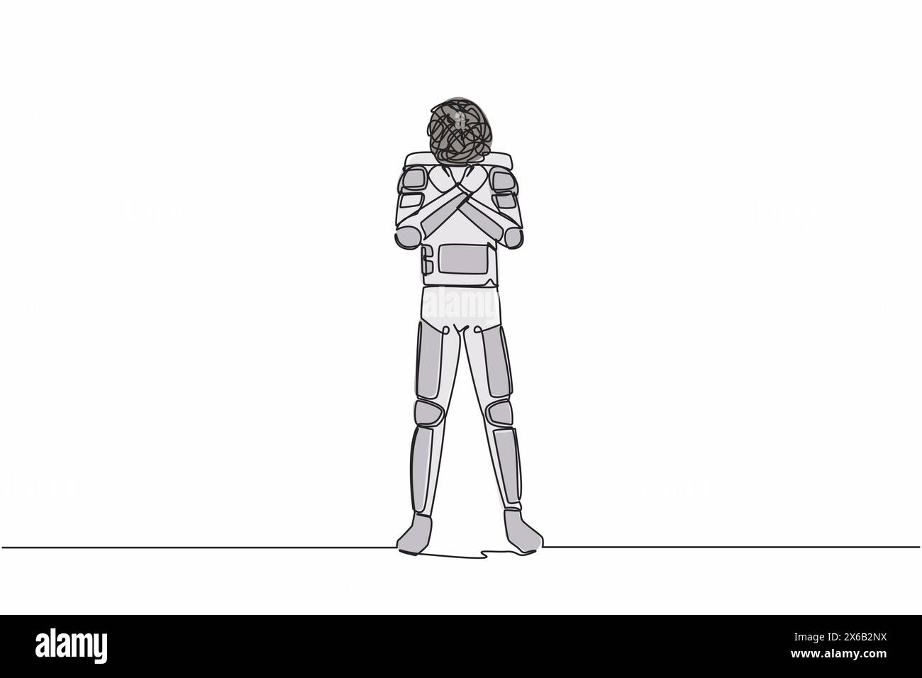 Single one line drawing astronaut with round scribbles instead of head ...