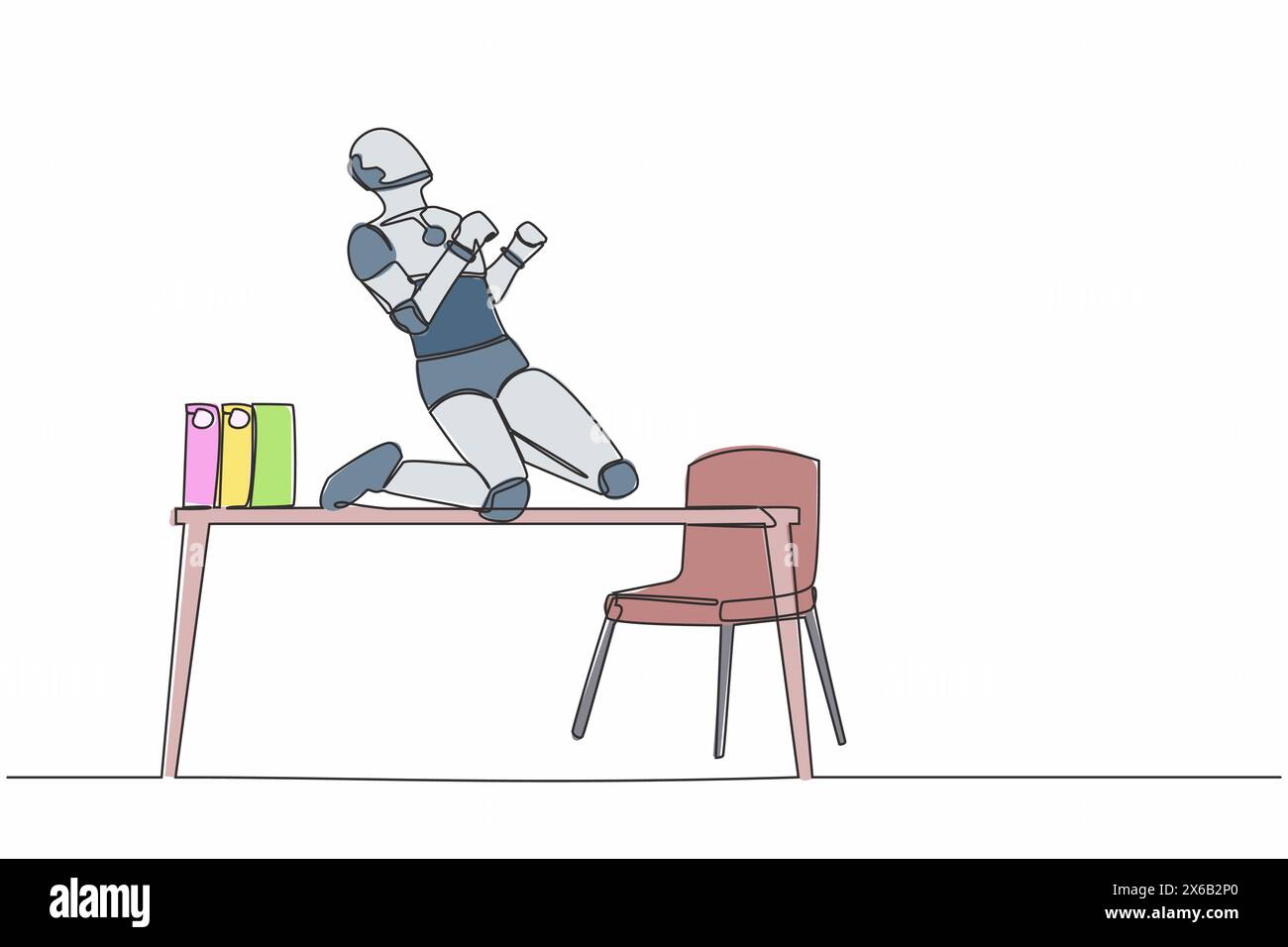 Single continuous line happy robot kneeling with celebrating goal pose ...