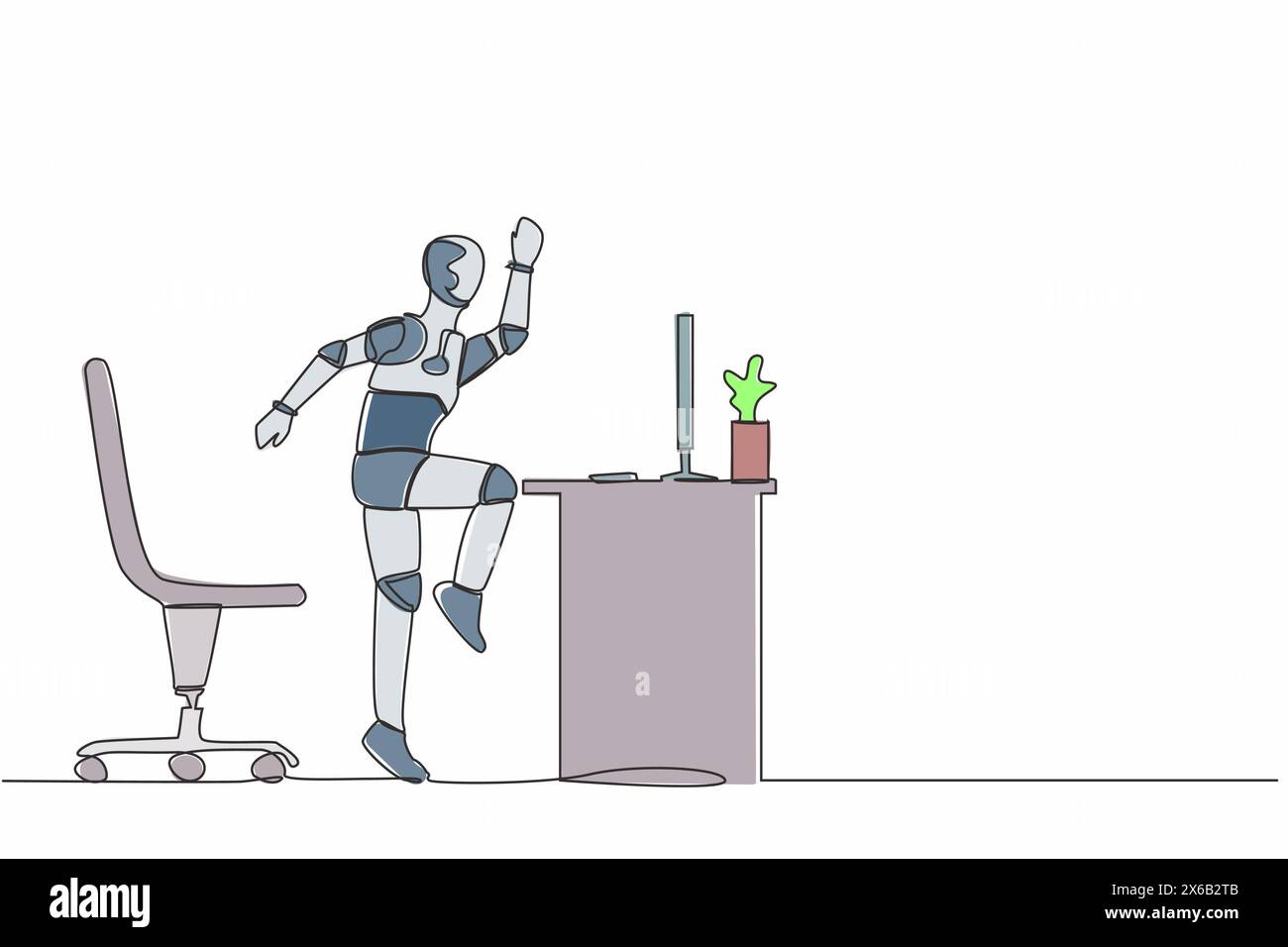 Single continuous line happy robot jumping and dancing on his workplace ...