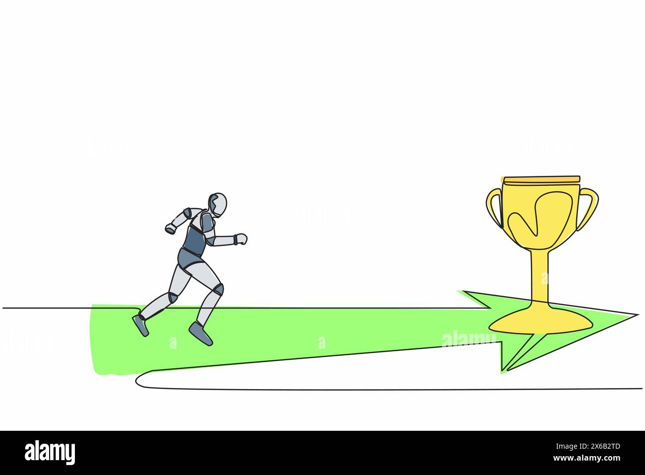 Single continuous line drawing of robot running to golden trophy. Tech ...