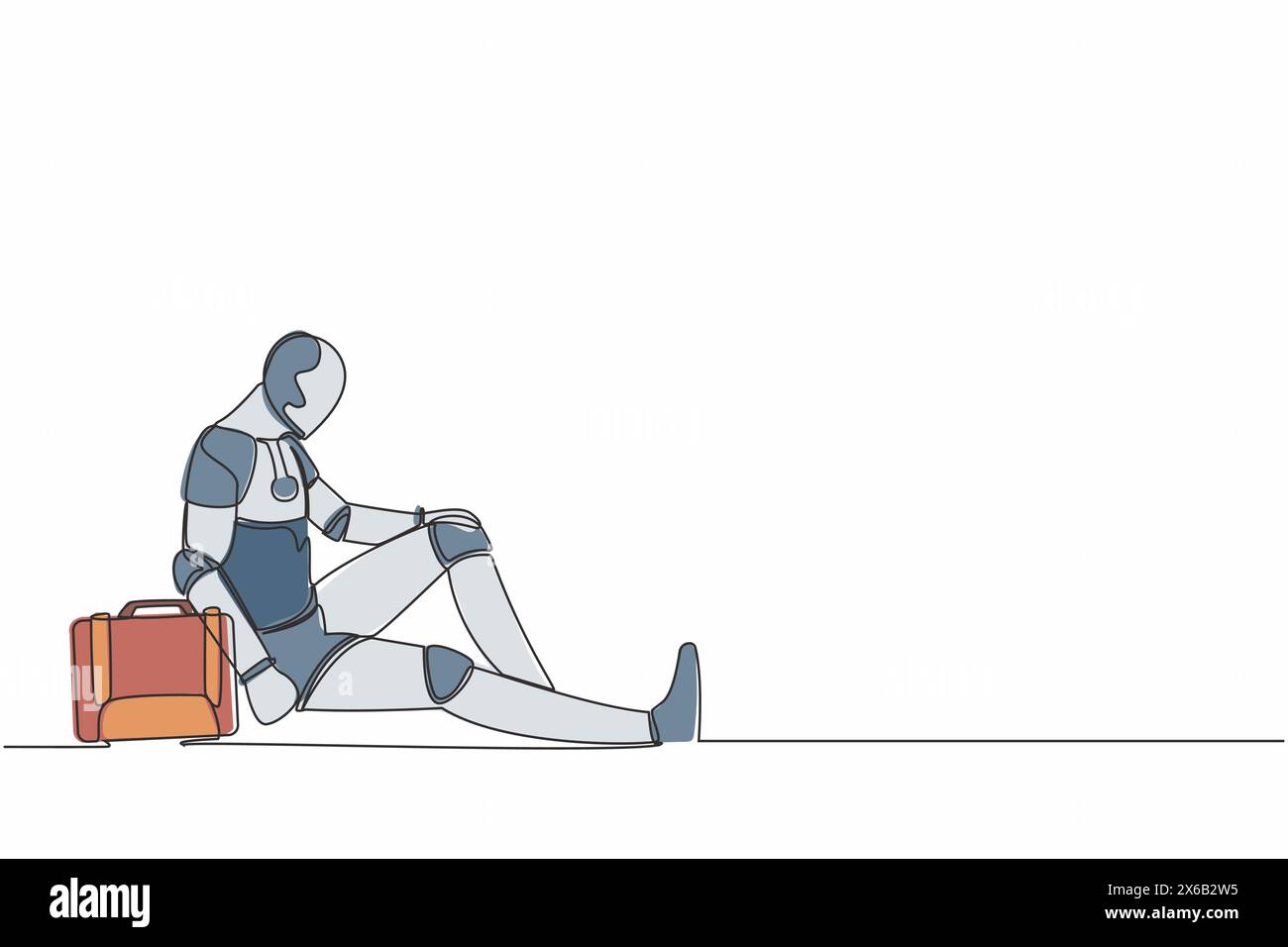 Continuous one line drawing depressed robot with briefcase sitting in ...