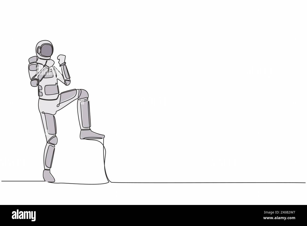 Single one line drawing young astronaut standing with raised one leg ...