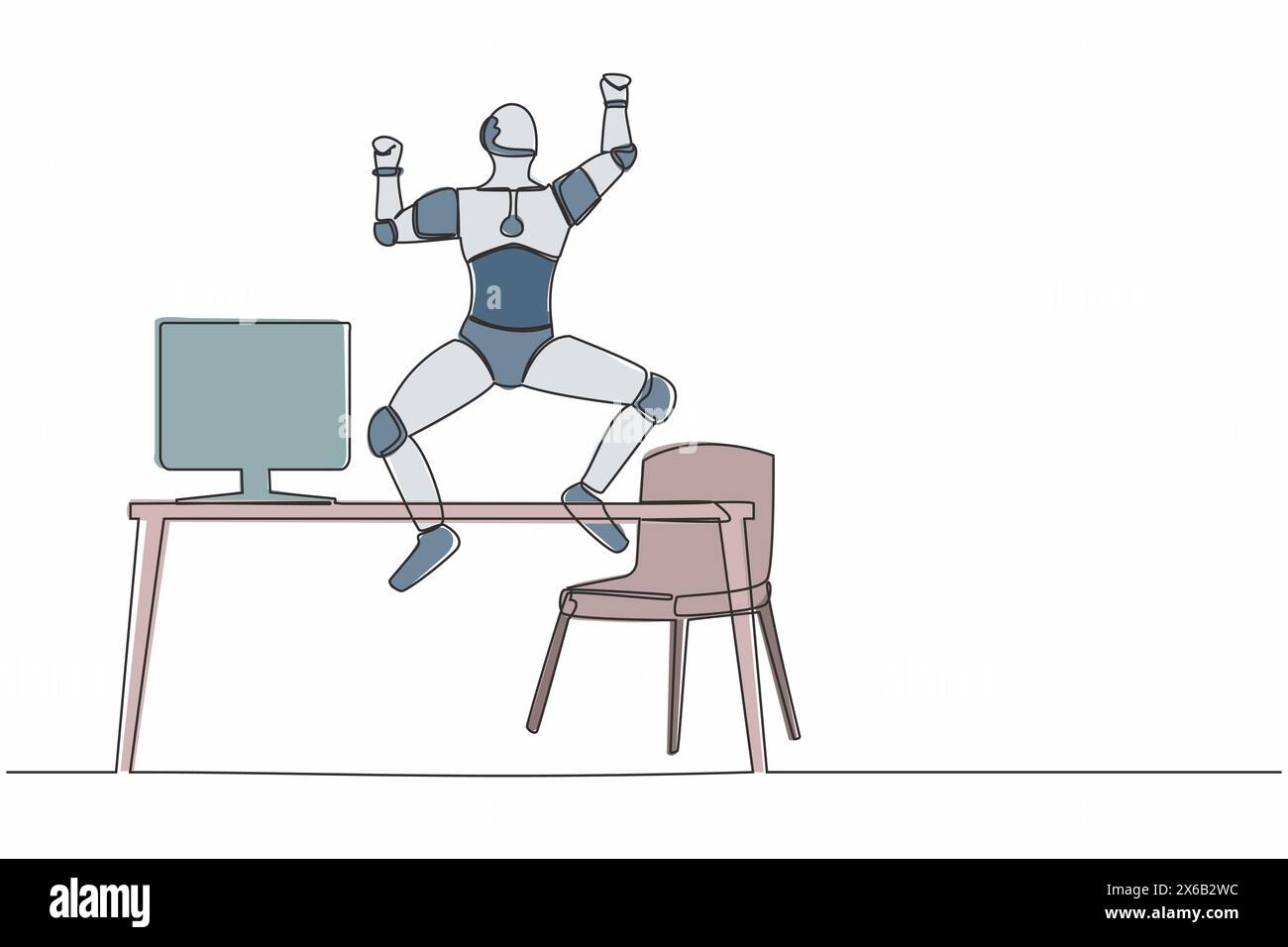 Single continuous line happy robot jumping with raised hands near desk ...