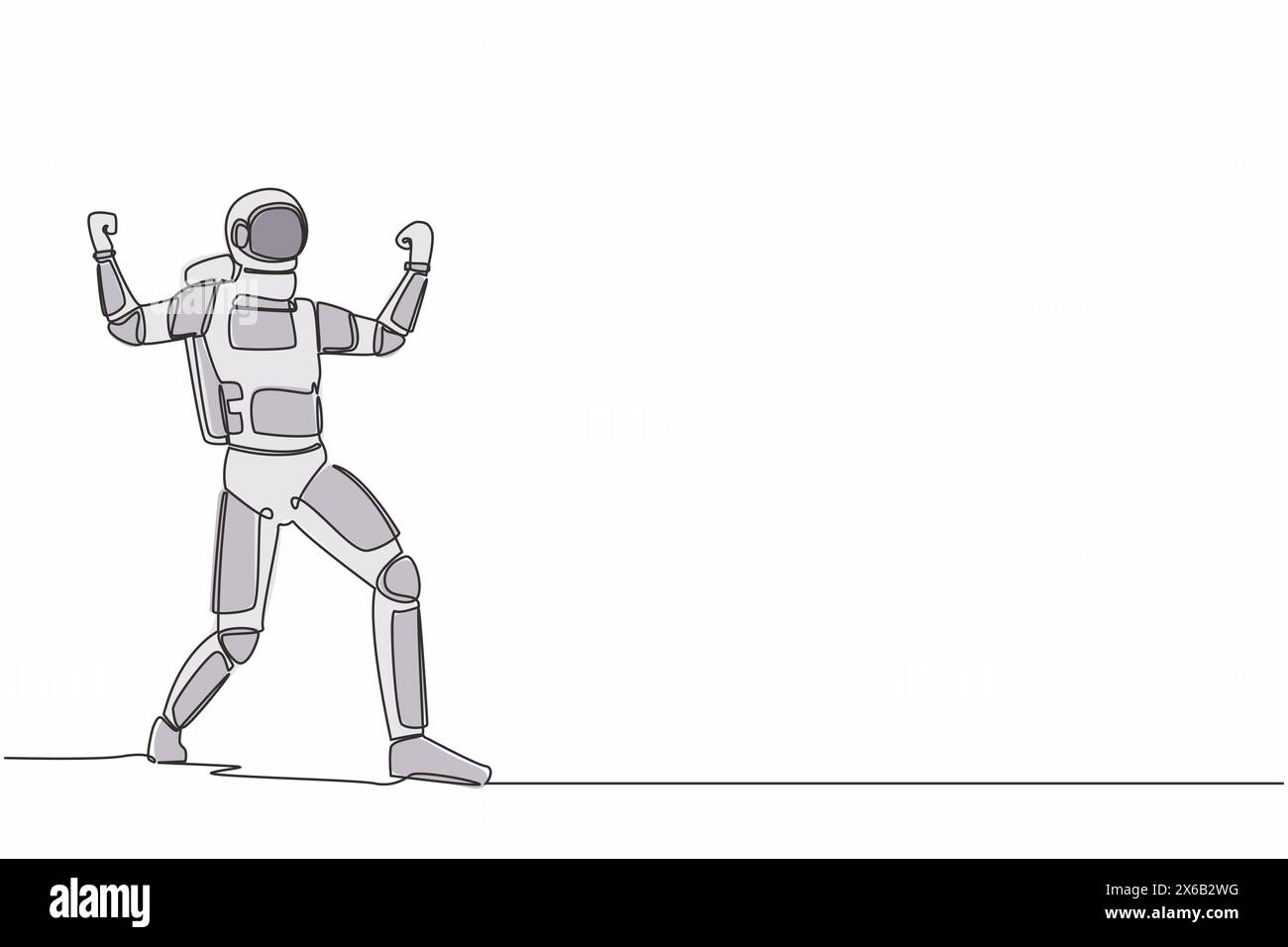 Continuous one line drawing happy astronaut standing with raised his ...