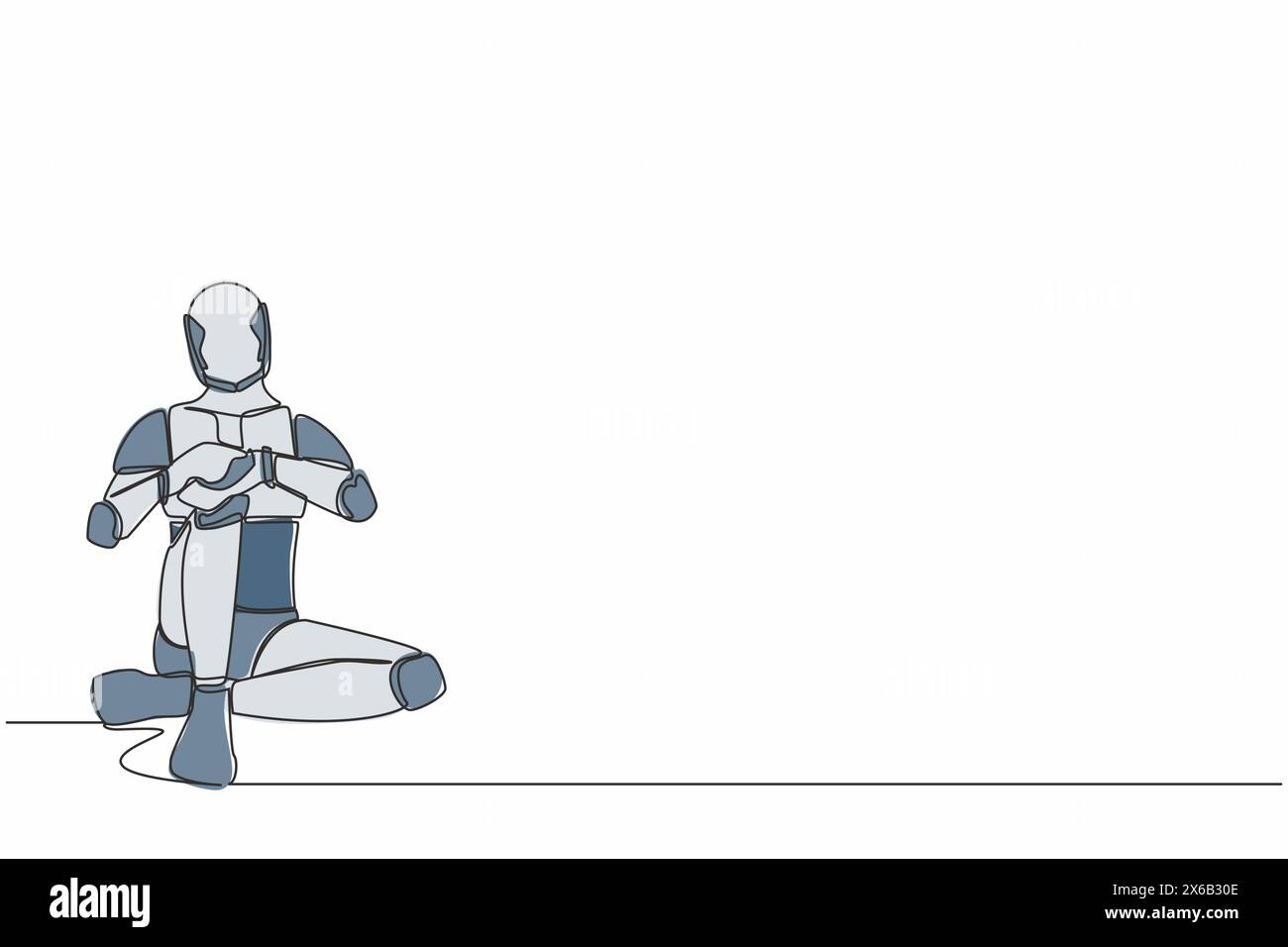 Continuous one line drawing sad robot sitting alone on the floor ...