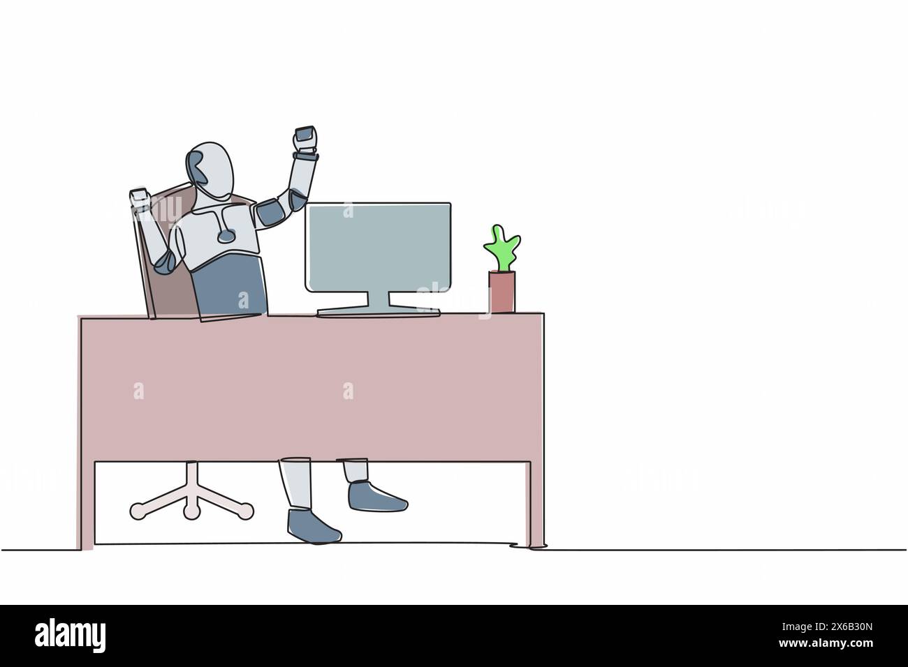 Continuous one line drawing happy robot sitting on workplace with ...