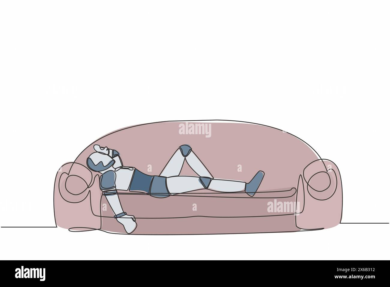 Continuous one line drawing of frustrated robot holding his head lying on sofa. Stressed and ...