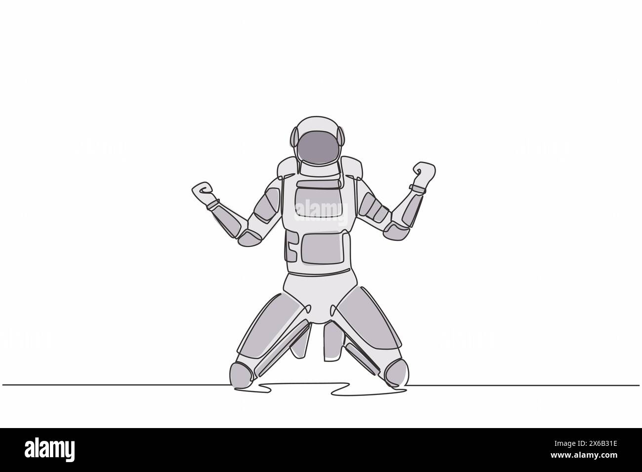 Continuous one line drawing happy astronaut kneeling with both hands ...