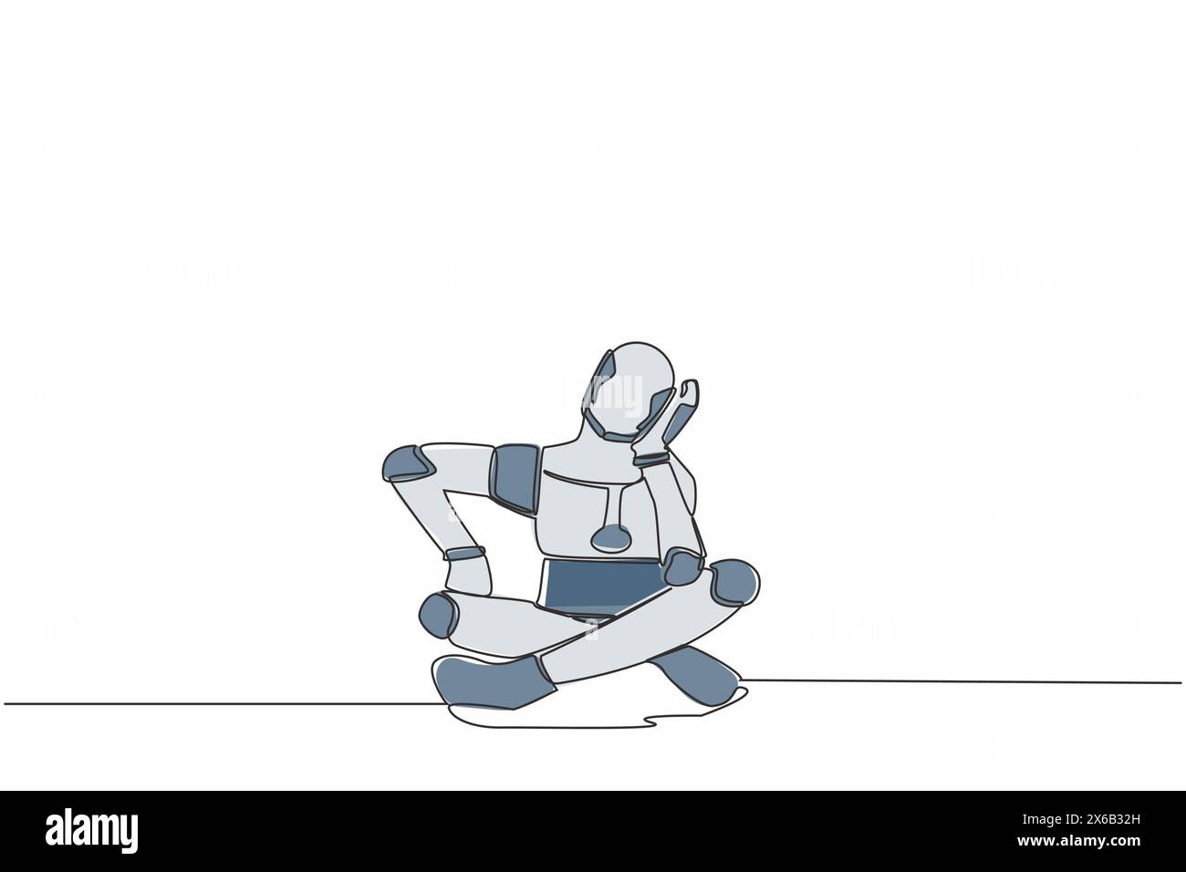 Single one line drawing robot sitting with support his head and ...