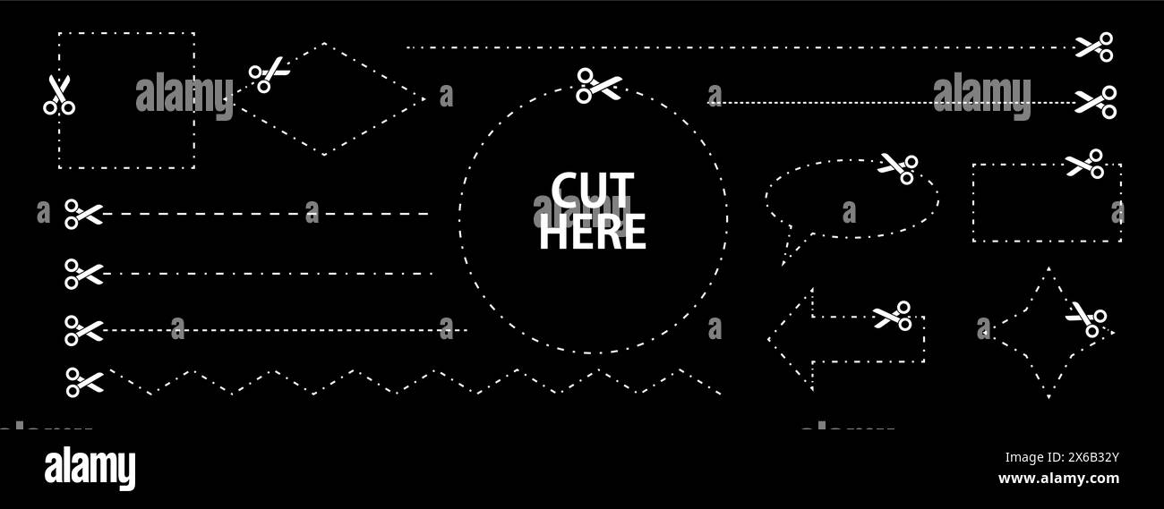 Set Of Scissors With Cut Lines Vector Collection Of Different Geometric Shapes With Dashed