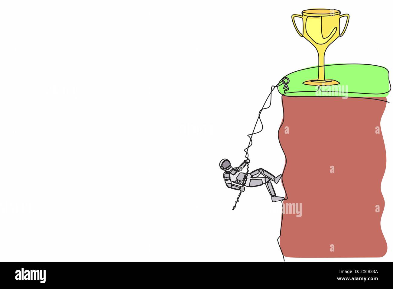 Continuous one line drawing of astronaut climber hanging on rope on top ...