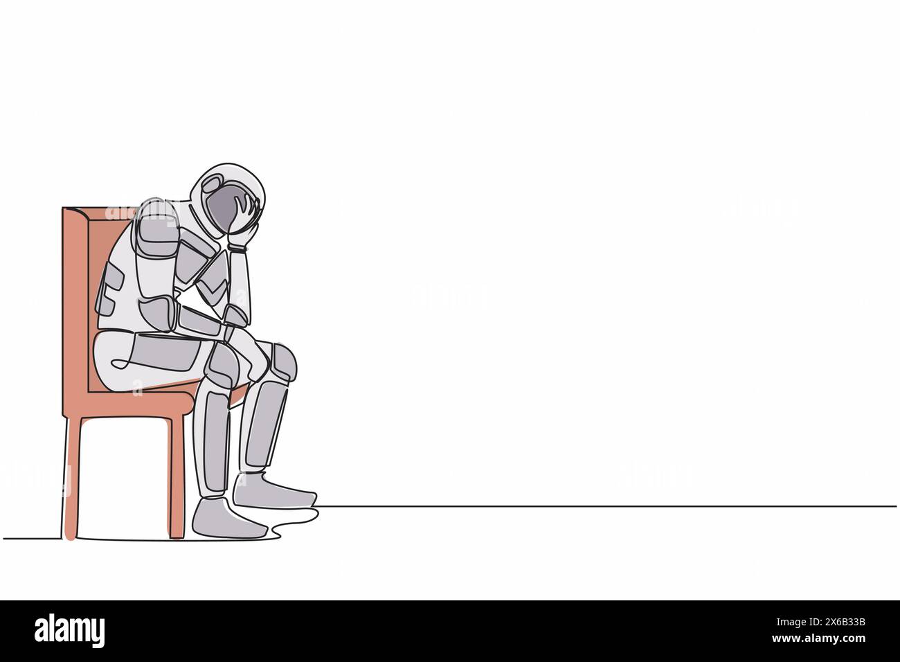 Single continuous line drawing of depressed astronaut hold his head ...