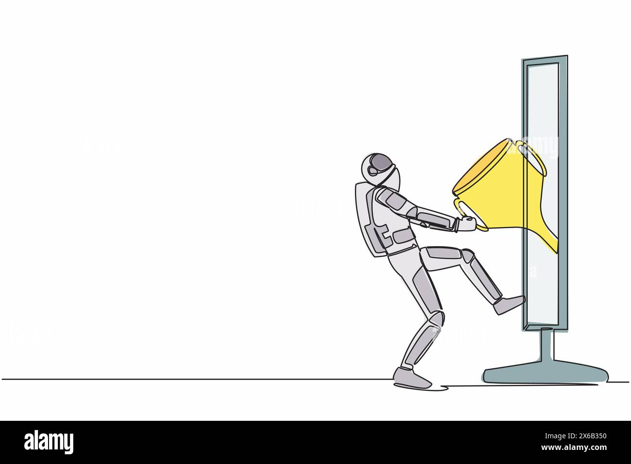 Continuous one line drawing astronaut pulling trophy from monitor ...