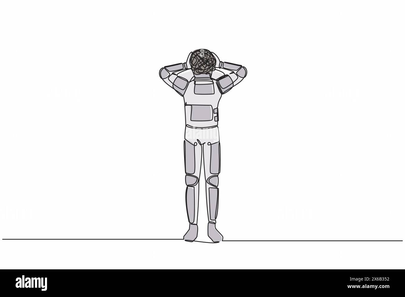 Single continuous line drawing of young astronaut with round scribbles ...