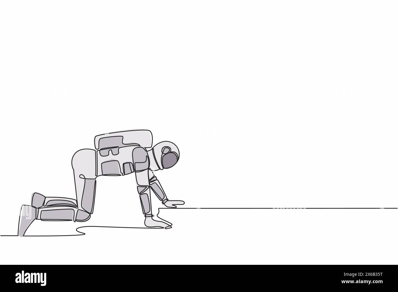 Single continuous line drawing of young astronaut crawling in despair ...