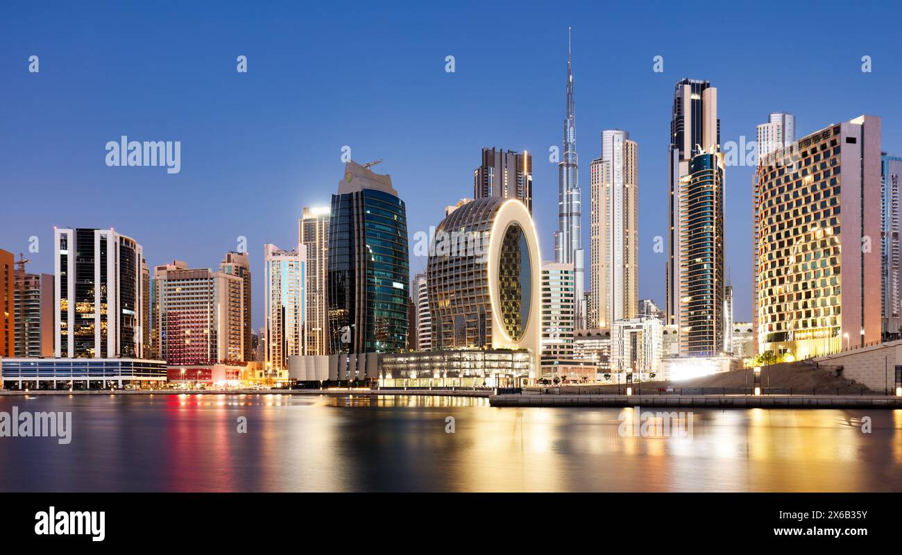 Panaroma of Dubai skyline with Burj khalifa and other skyscrapers at ...