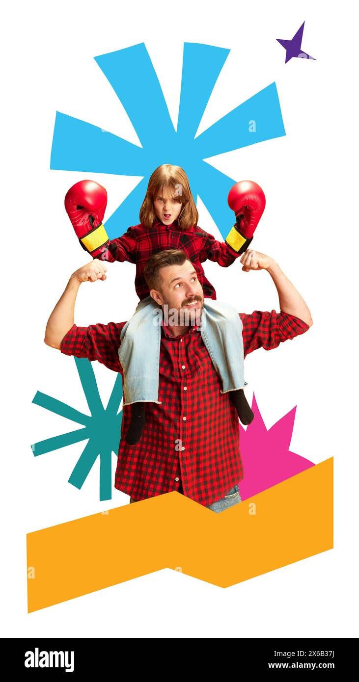 Poster. Contemporary art collage. Father and daughter team up posing ...