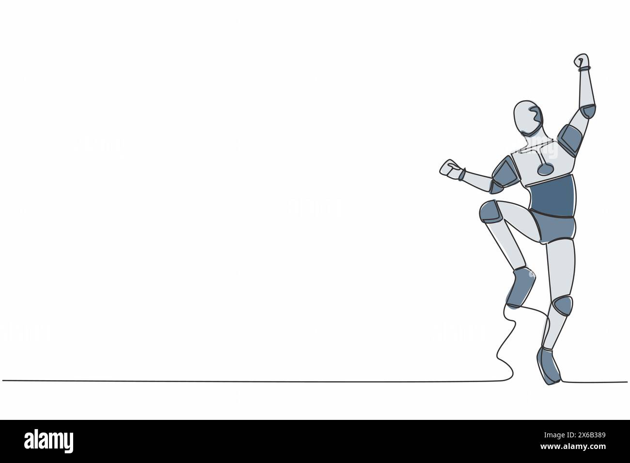 Single one line drawing happy robot jump with folds one leg and raises ...